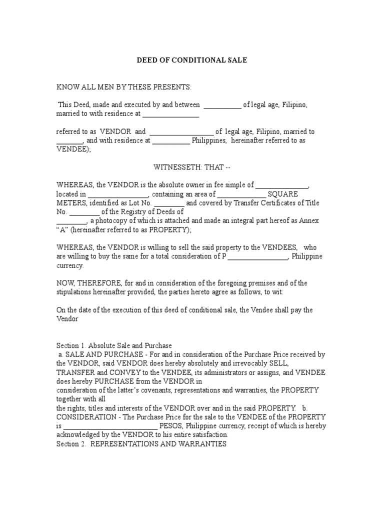 Deed of Conditional Sale for the Transfer of Property from Vendor to ...