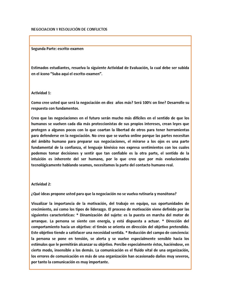 Actividad de Evaluación Final-Examen - Negociación y Resolución de Conflictos | PDF ...