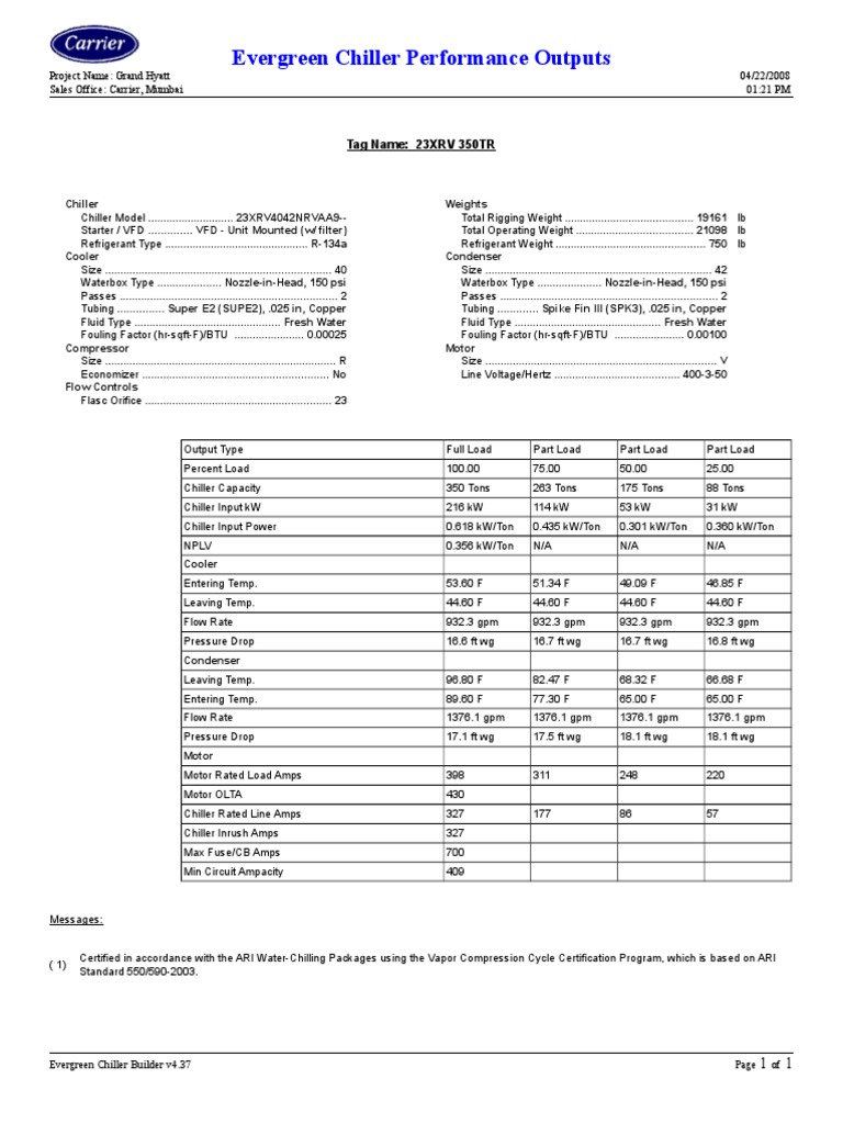 Evergreen Chiller Performance Outputs: Tag Name: 23XRV 350TR | Download ...