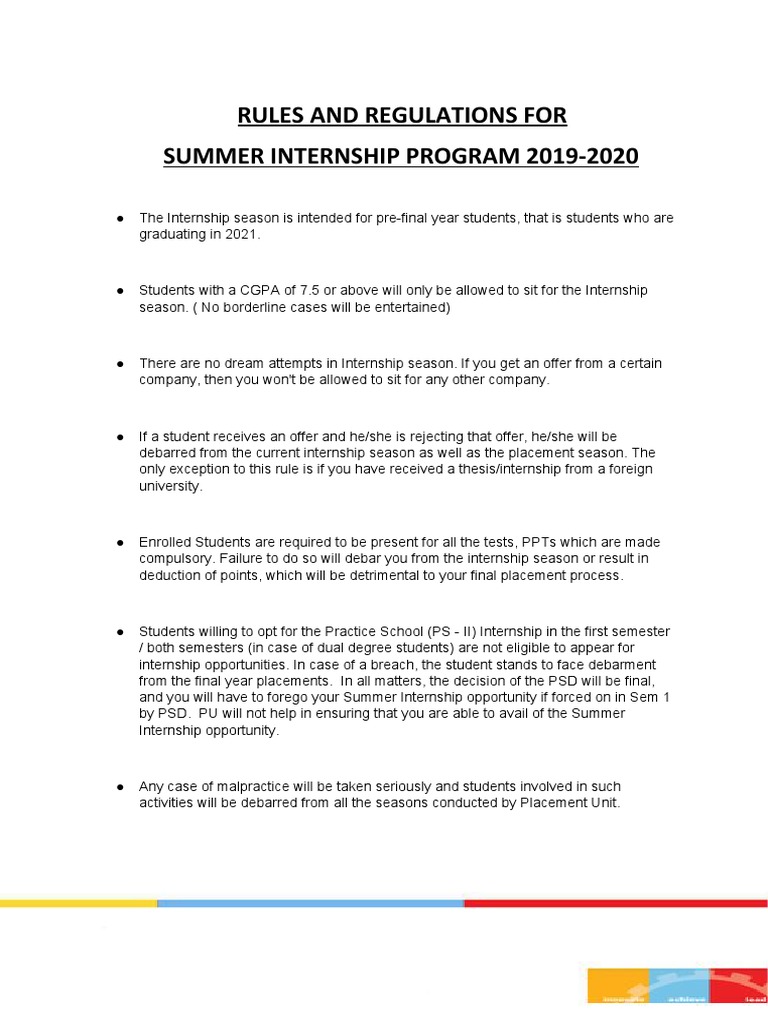 Rules and Regulations For Summer Internship Program 2019-2020 | PDF
