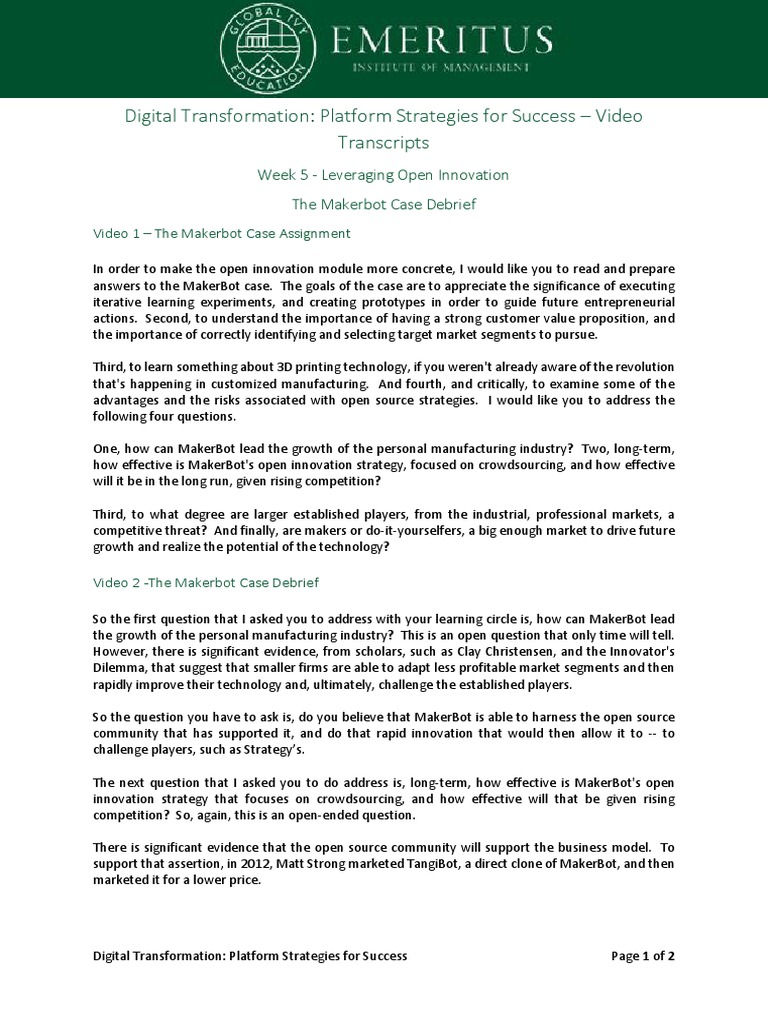 MIT DTPSS Module 5 Makerbot Debrief Transcripts | PDF | Innovation | Business Model