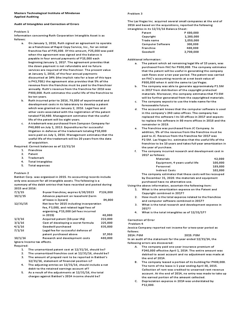 Applied Auditing Audit of Intangibles and Correction of Errors | PDF | Intangible Asset ...