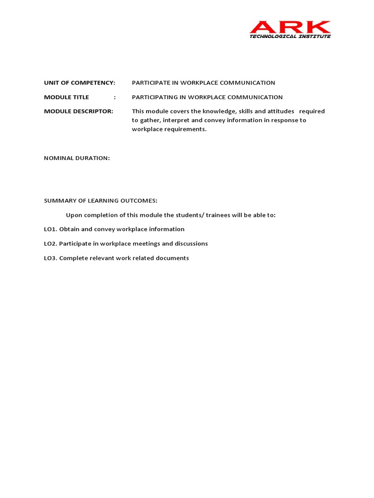 Unit of Competency: Module Title: Module Descriptor | PDF | Educational Assessment | Competence ...