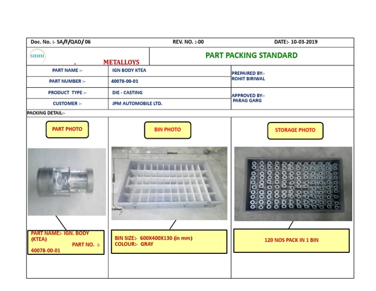 Part Packing Standard: Sidhi International - Metalloys PVT - LTD | PDF