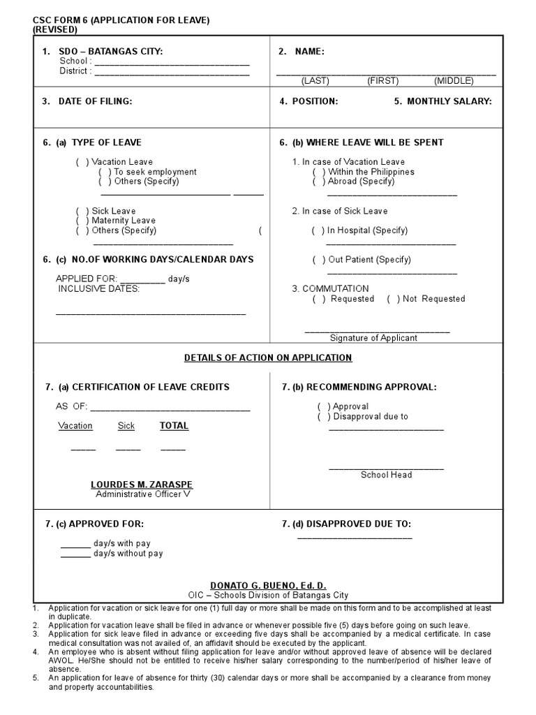 CSC Form 6-Application For Leave | PDF | Leave Of Absence | Sick Leave