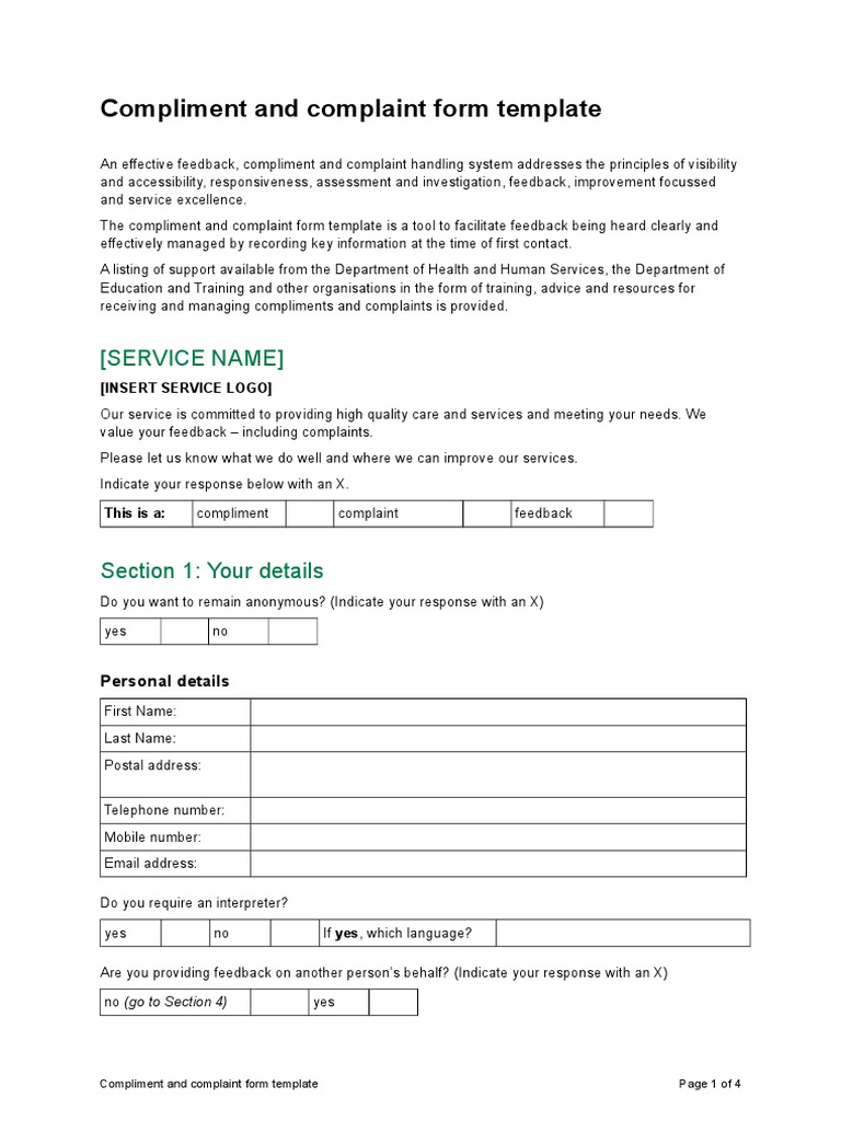 Compliment and Complaint Form Template | PDF | Privacy | Personally ...