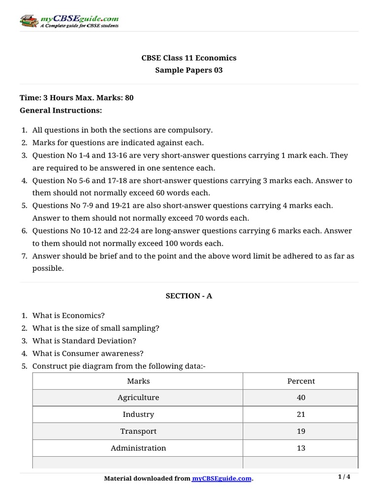 CBSE Class 11 Economics Sample Papers 03: Material Downloaded From - 1 ...