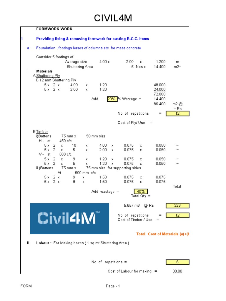 Shuttering Cost Analysis | PDF | Building | Masonry