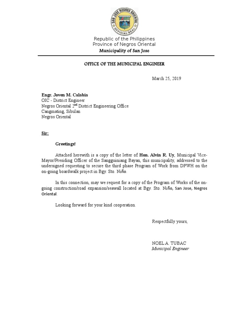 Letter Mayor - DPWH Request For POW | PDF