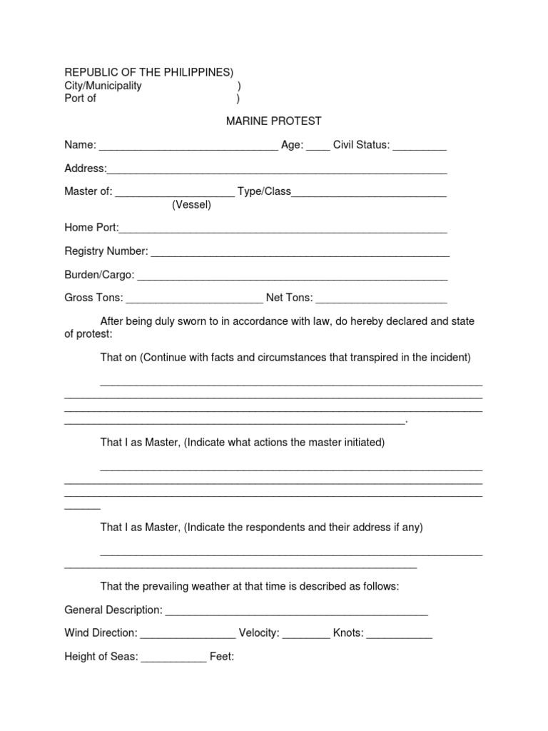 Marine Incident Report: A Master's Protest Document Detailing Weather ...