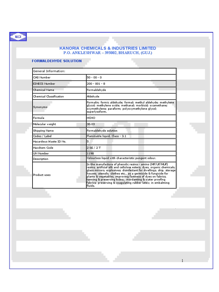 Formaldehyde Msds | PDF | Formaldehyde | Toxicity