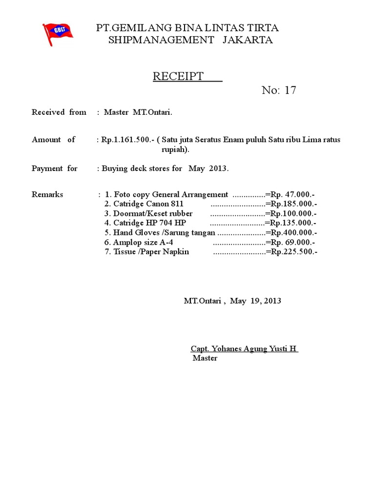 Receipt No: 17: PT - Gemilang Bina Lintas Tirta Shipmanagement Jakarta ...