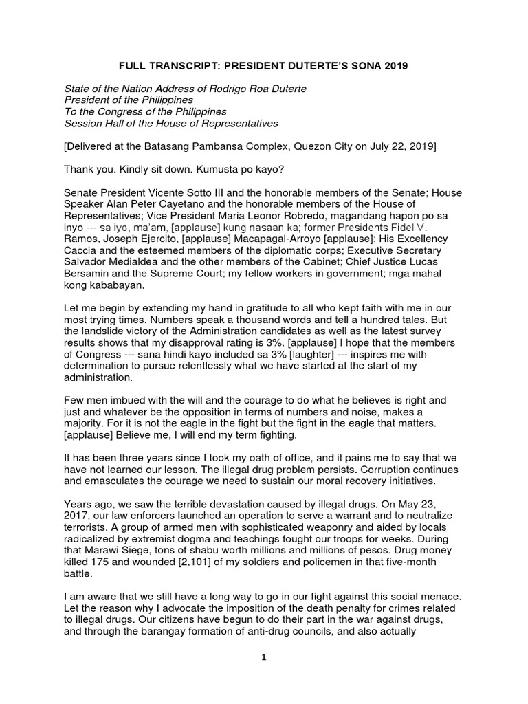 Full Transcript of PRRD's SONA 2019 | PDF | United Nations Convention ...