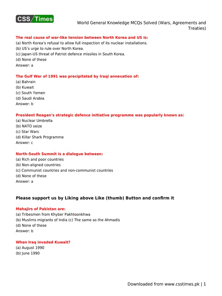 World General Knowledge Mcqs Solved (Wars, Agreements and Treaties ...