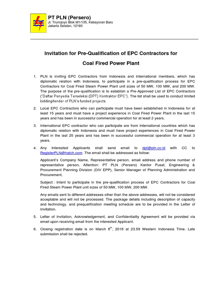PLN Invitation For Pre Qualification of EPC Contractors For Coal Fired ...