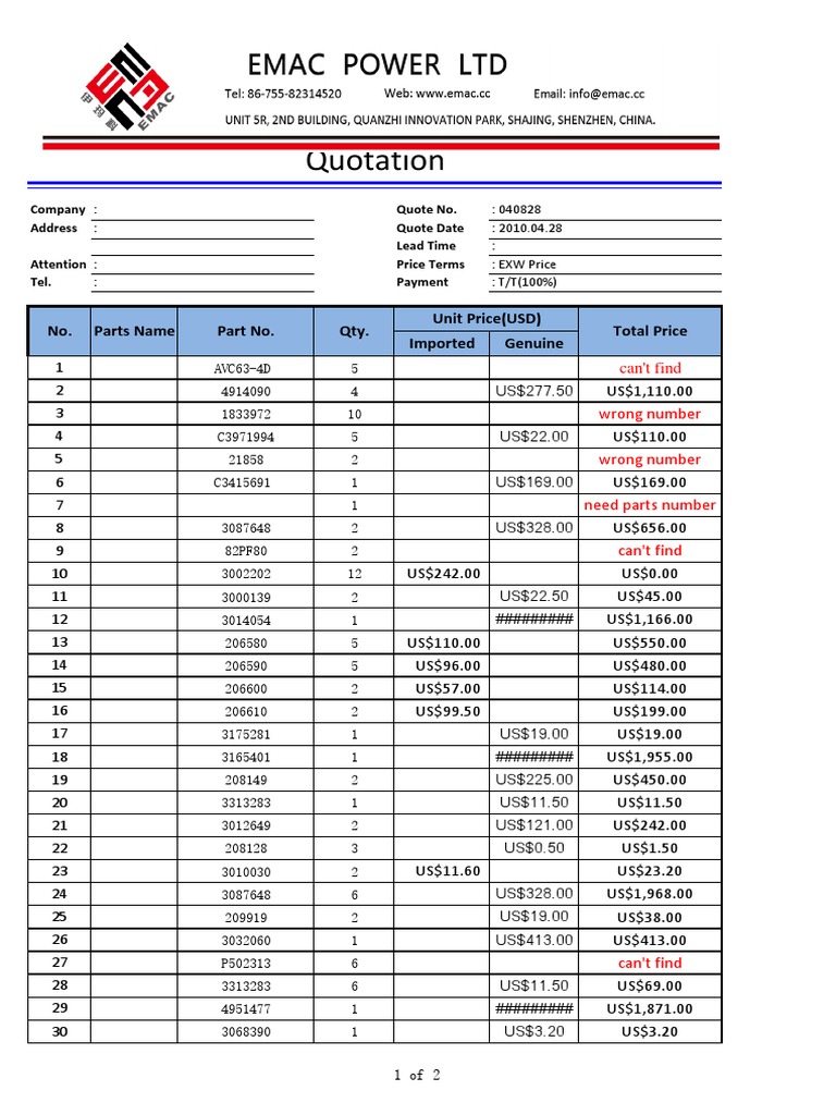 Detailed Quotation for Parts Supply | PDF | Business