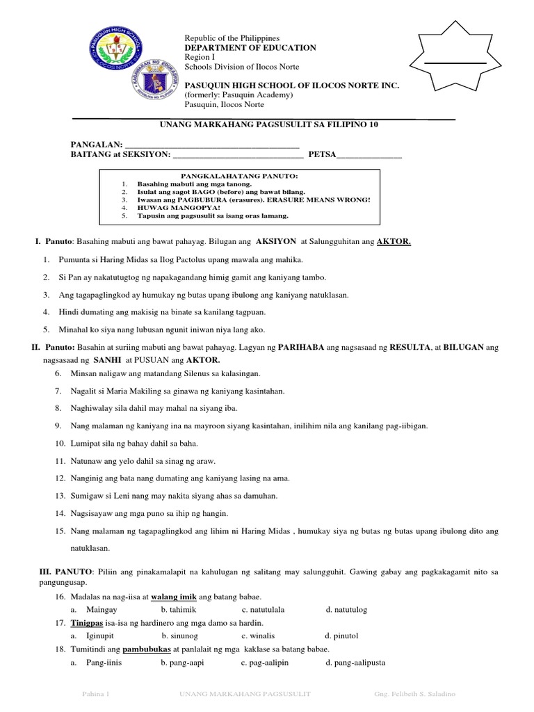Grade 10 Filipino Test | PDF