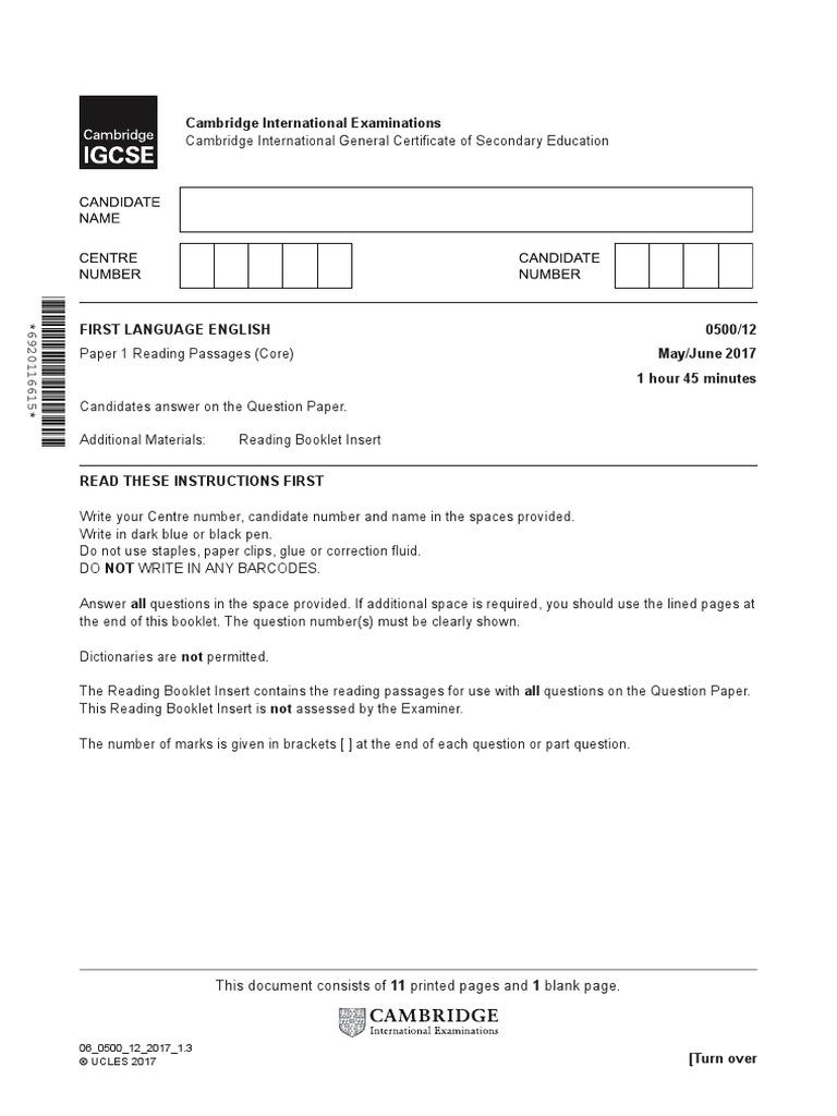 Past Paper IGCSE English First Language | PDF | Question | Copyright