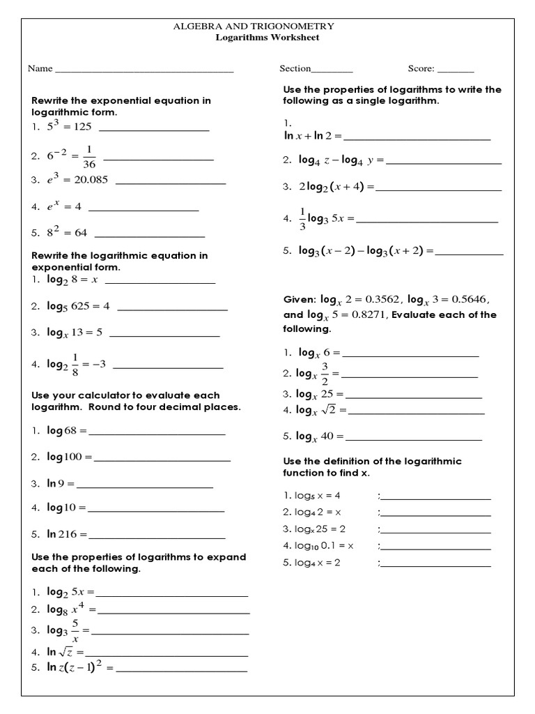Properties Of Logarithms Worksheet
