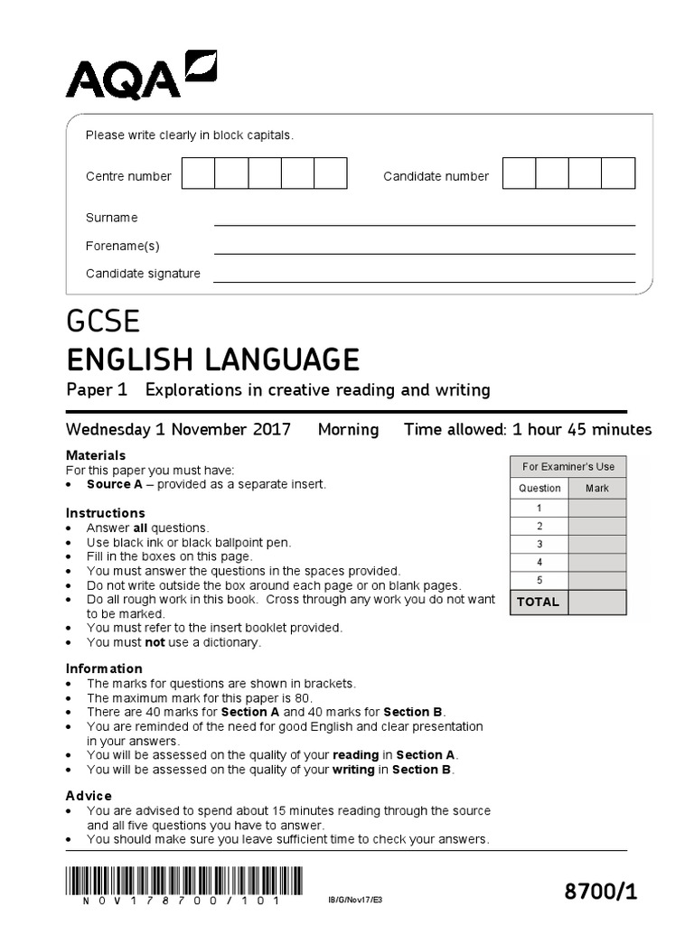 Gcse English Language Exam Paper | PDF | Writers | Writing