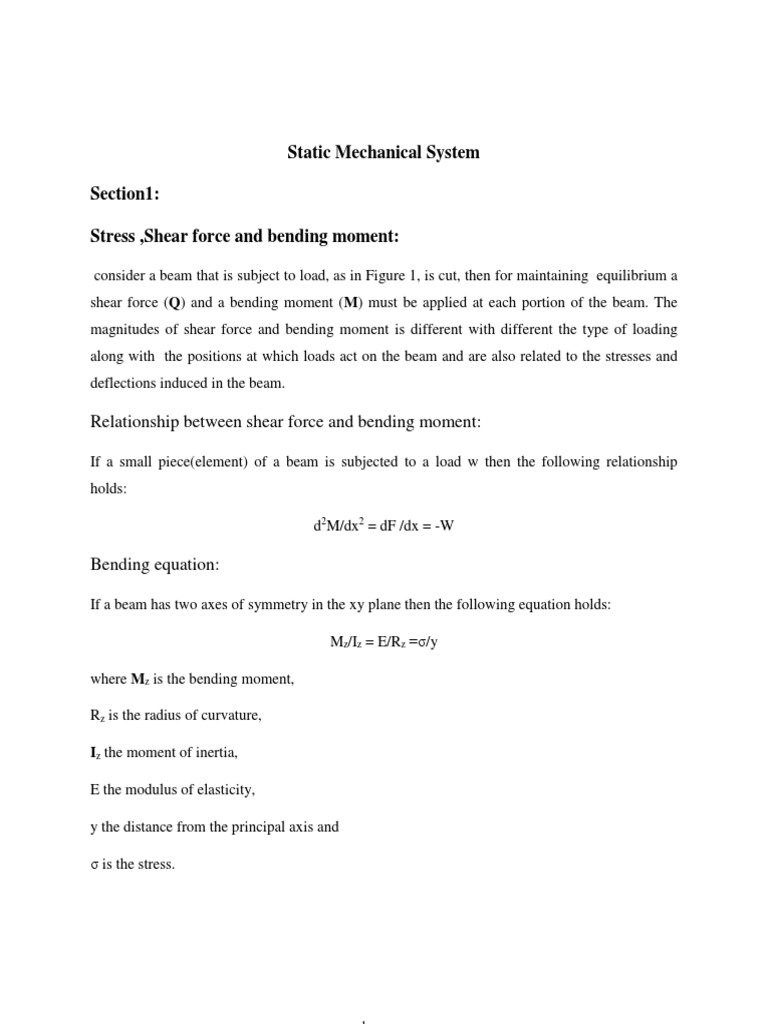 Static Mechanical System Section1: Stress, Shear Force and Bending ...