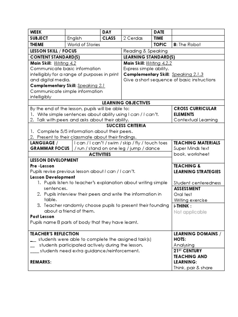 LESSON PLAN Year 2 Unit 8 | PDF | Learning | Curriculum