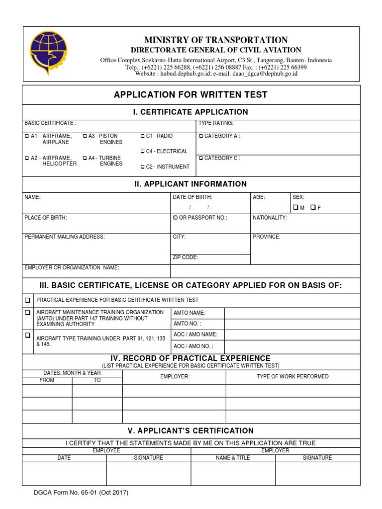 DGCA Form 65-01 Application For Written Test - Oct 2017 | PDF ...