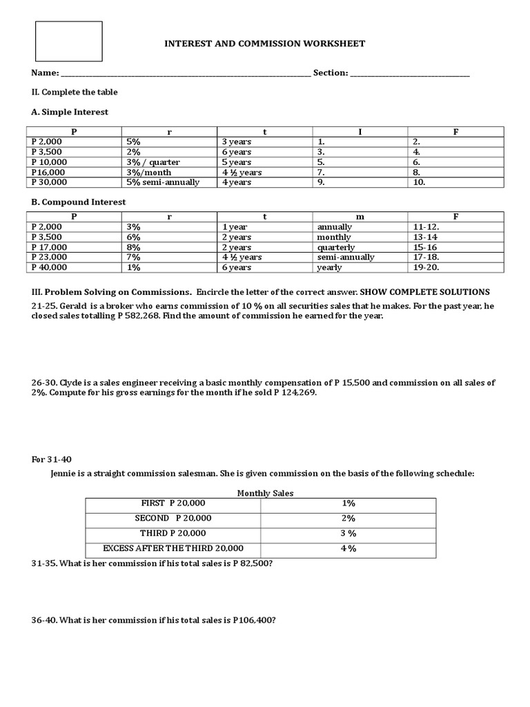 Interest and Commission Worksheet | PDF | Applied Mathematics | Areas ...