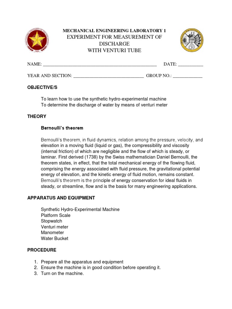 Me Lab 1 Exp. Group 1 Venturi | PDF | Fluid Dynamics | Classical Mechanics