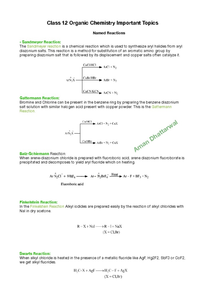 Class 12 Organic Name Reactions | PDF | Amine | Aldehyde