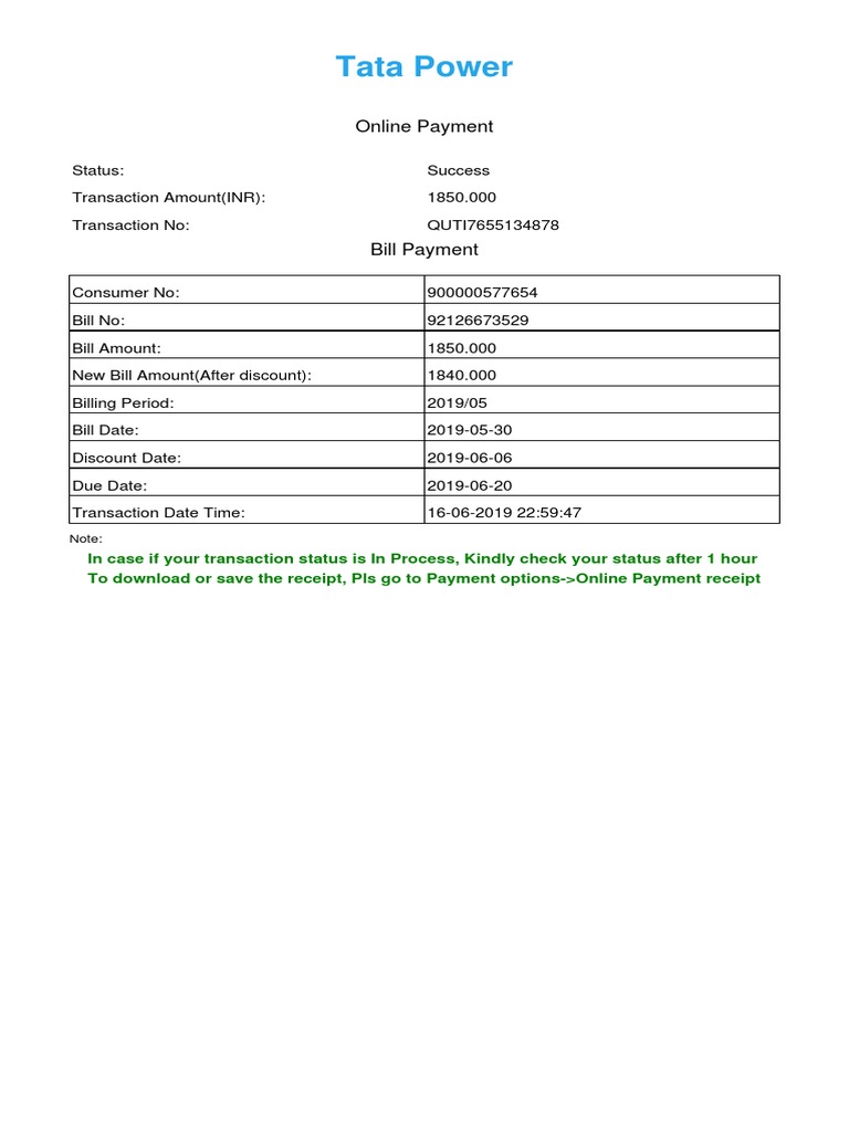 Tata Power Bill Payment Receipt | PDF | Finance & Money Management