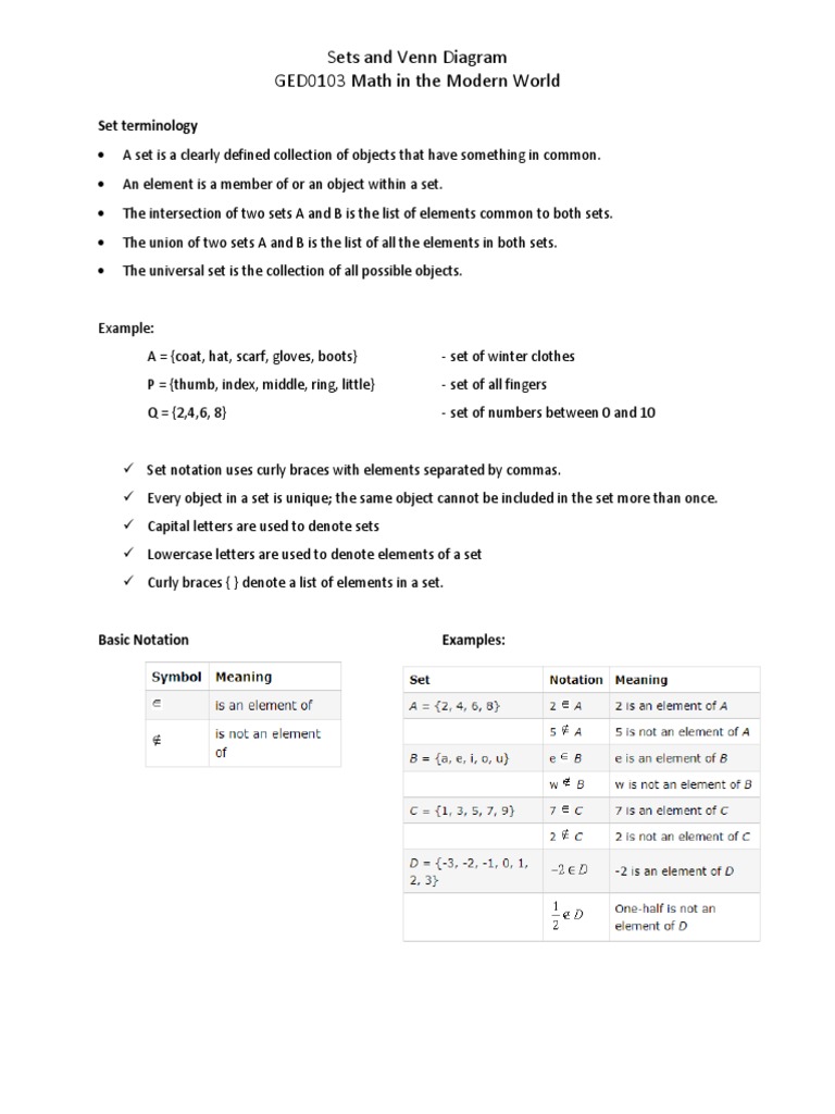 Sets and Venn Diagram GED0103 Math in The Modern World: Set Terminology ...