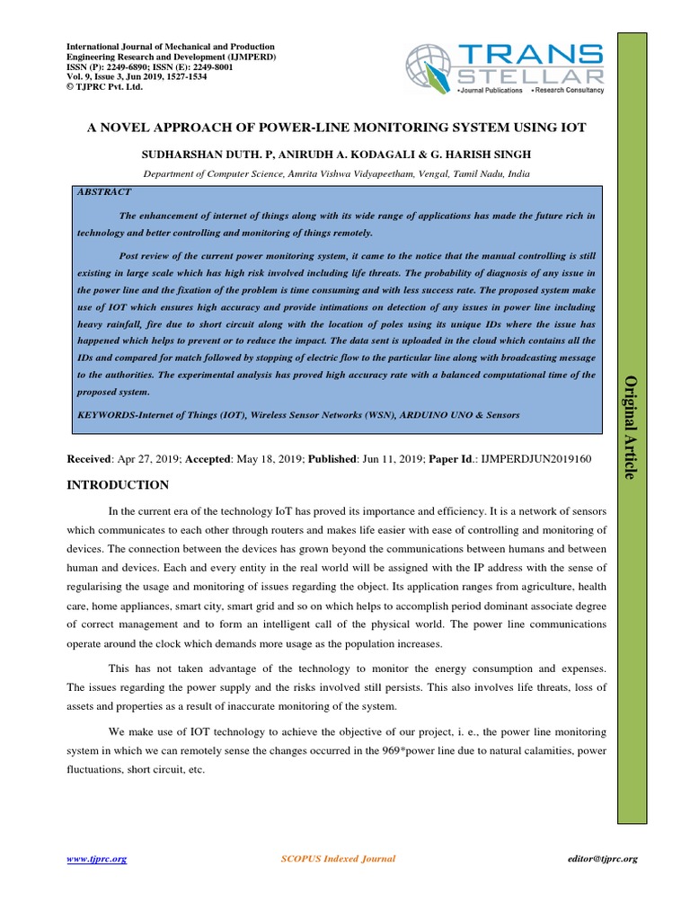 A Novel Approach of Power-Line Monitoring System Using Iot: Sudharshan ...