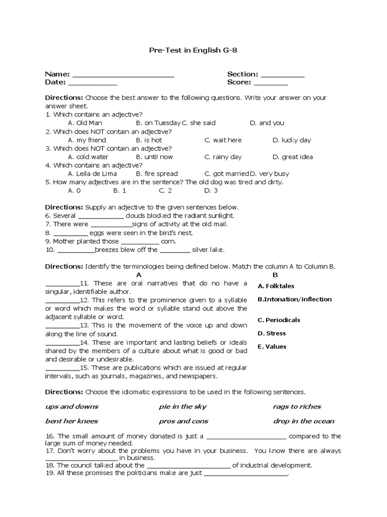 Pre-Test in English G-8 Name: - Section: - Date: - Score | PDF ...
