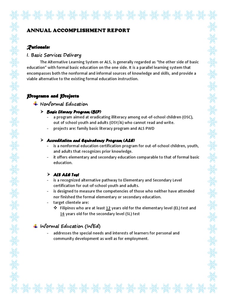 Annual Report Highlights Alternative Learning System Accomplishments ...