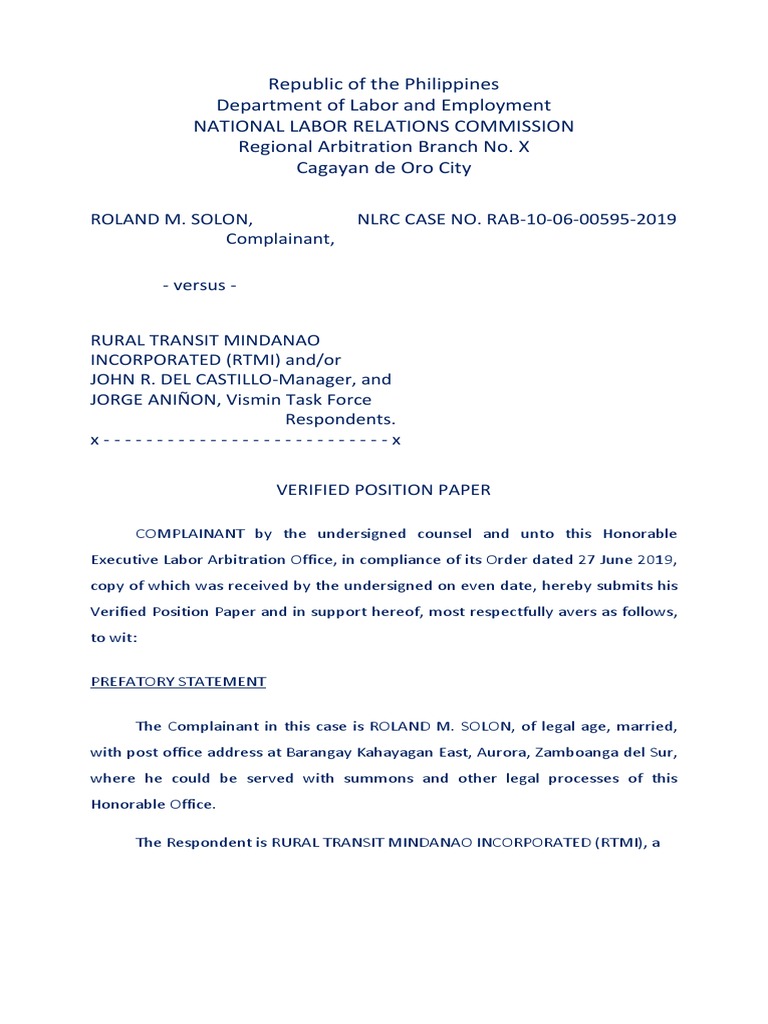 Verified Position Paper of Roland Solon NLRC Case | PDF | Overtime ...