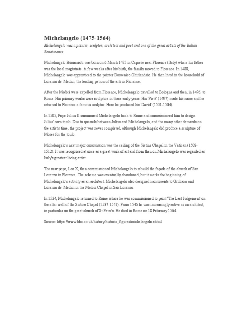 Michelangelo History | PDF | Michelangelo | Renaissance Art