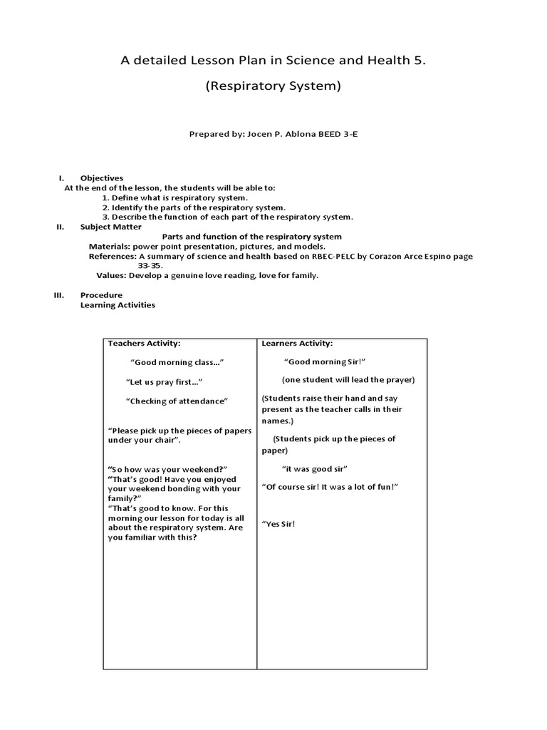 Grade 5 Lesson Plan: Respiratory System | PDF | Respiratory System ...