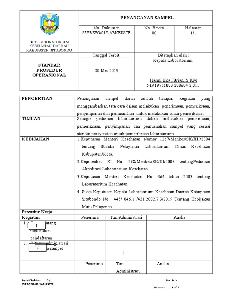 Sop Penanganan Sampel | PDF