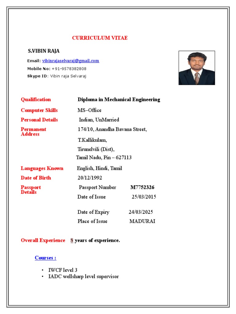 Vibin Raja CV | PDF | Oil Well | Drilling Rig