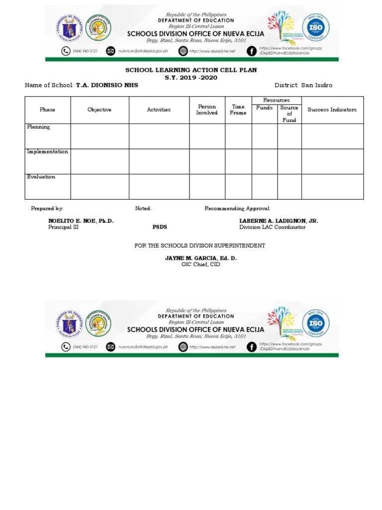 School Learning Action Cell Plan S.Y. 2019 - 2020 Name of School: T.A ...