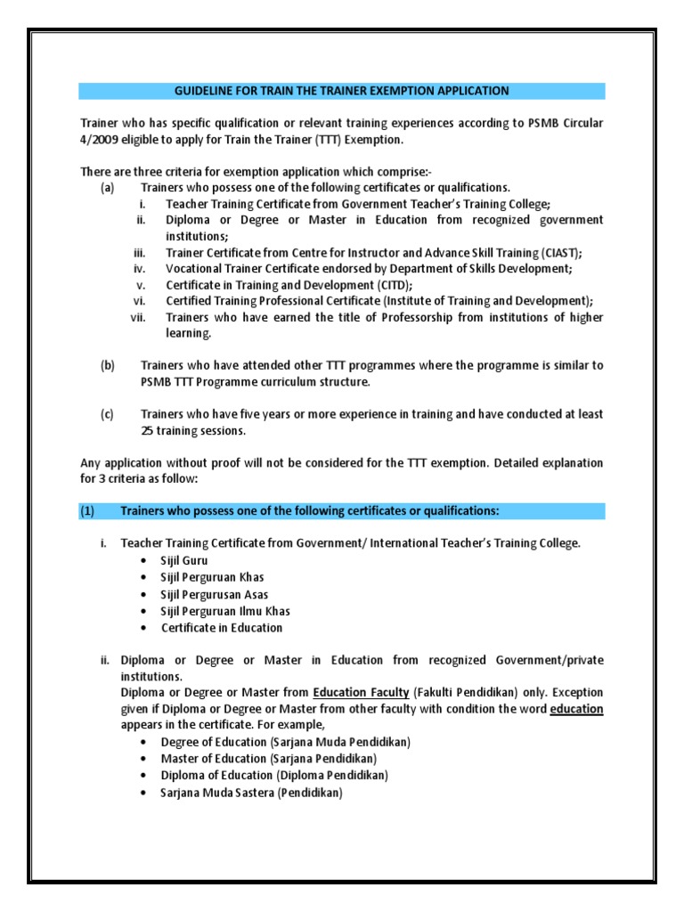 Guideline For TTT Exemption Application | PDF | Diploma | Personal Trainer