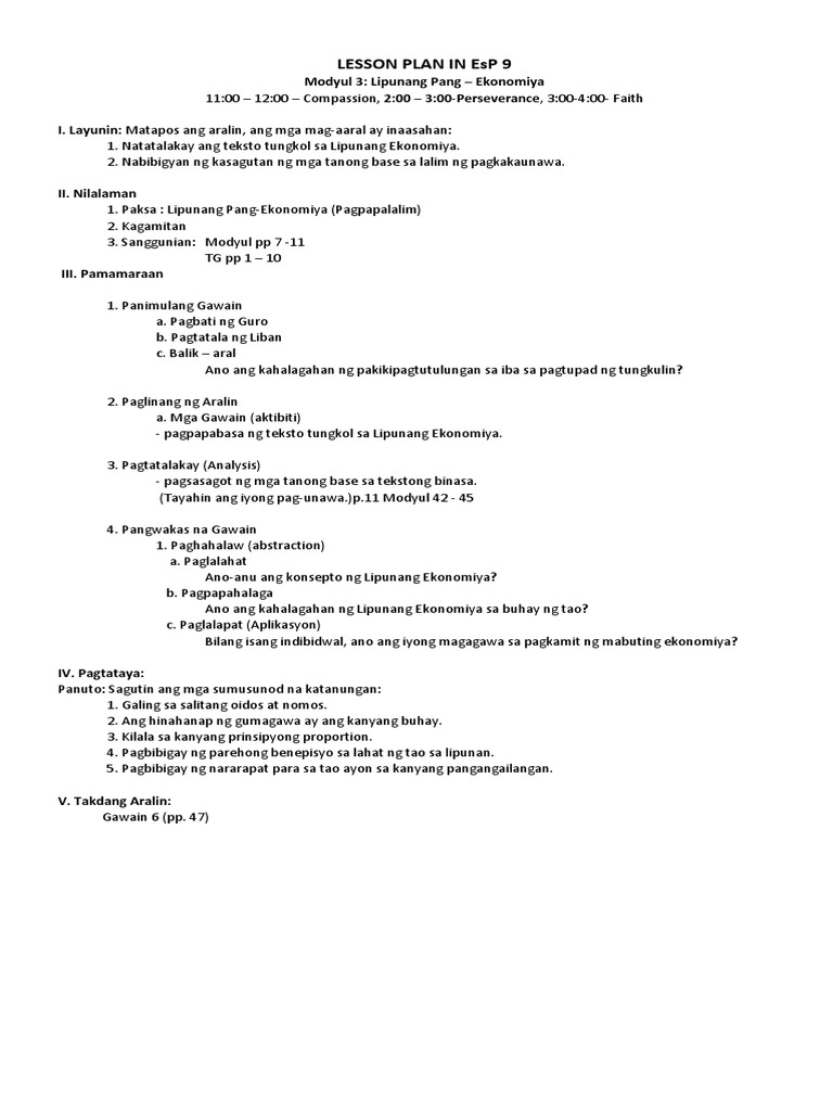 Lesson Plan in Esp 9 | PDF