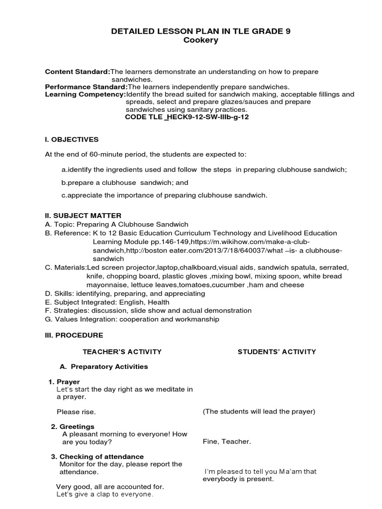 Detailed Lesson Plan in Cookery 9 | PDF | Menu | Sandwich