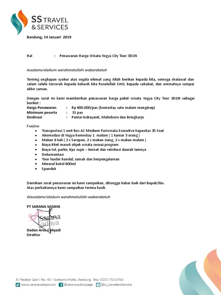 Surat Penawaran Paket Wisata YCT 3D1N Utk 31 Pax | PDF