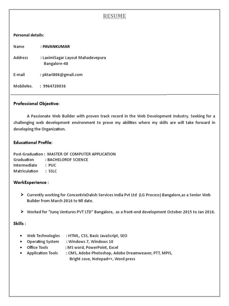 Resume: Personal Details:: Pavankumar | PDF | Web Development | Web Design