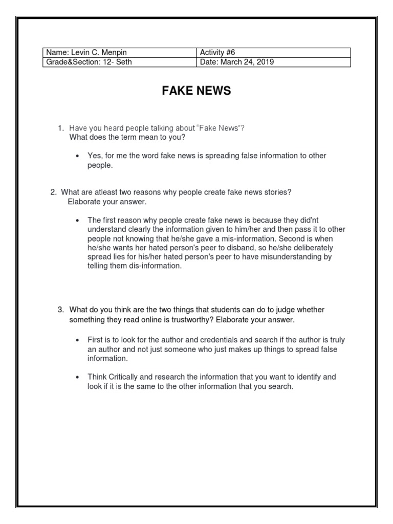 Fake News: Name: Levin C. Menpin Activity #6 Grade&Section: 12-Seth ...