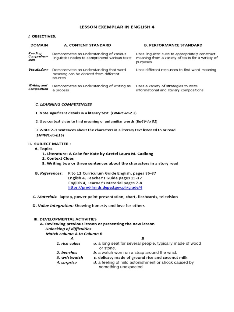 Lesson Exemplar English 4 | English Language | Behavior Modification