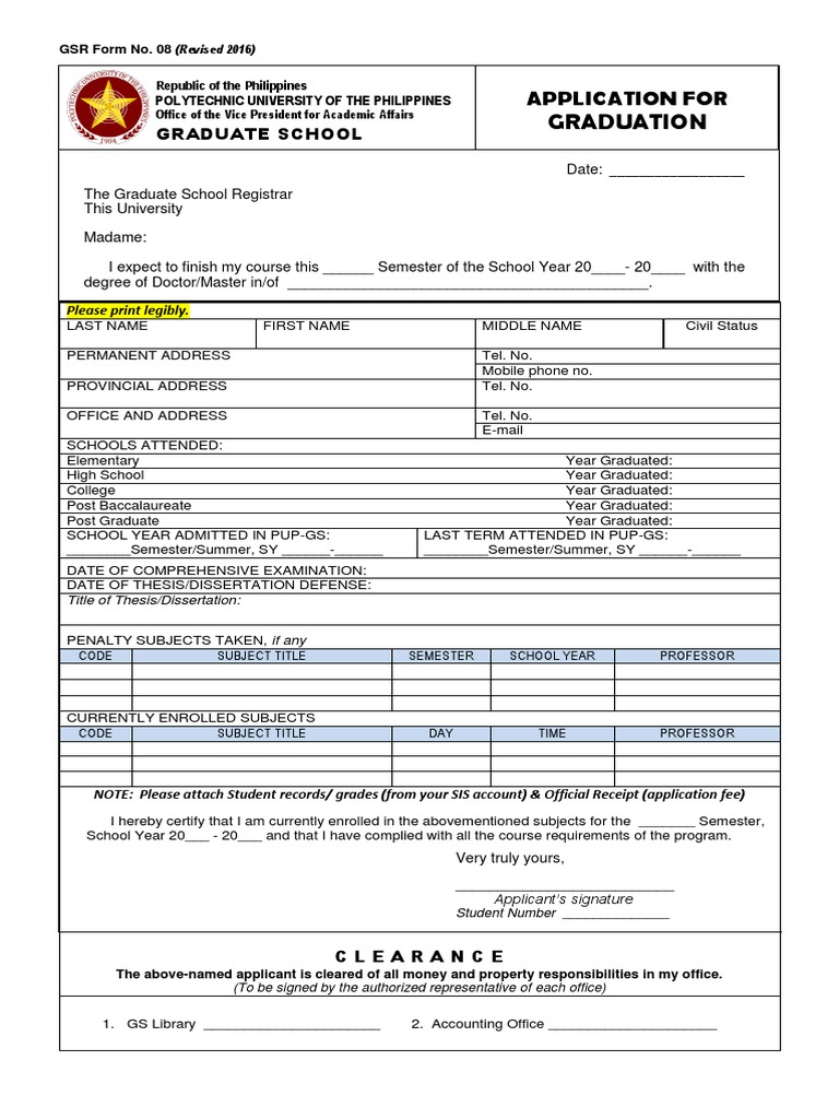 GSR Form No. 08 Application For Graduation | PDF | Graduate School | Thesis