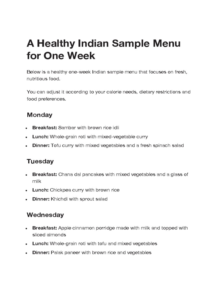Weekly Healthy Indian Meal Plan | PDF | Cooking, Food & Wine